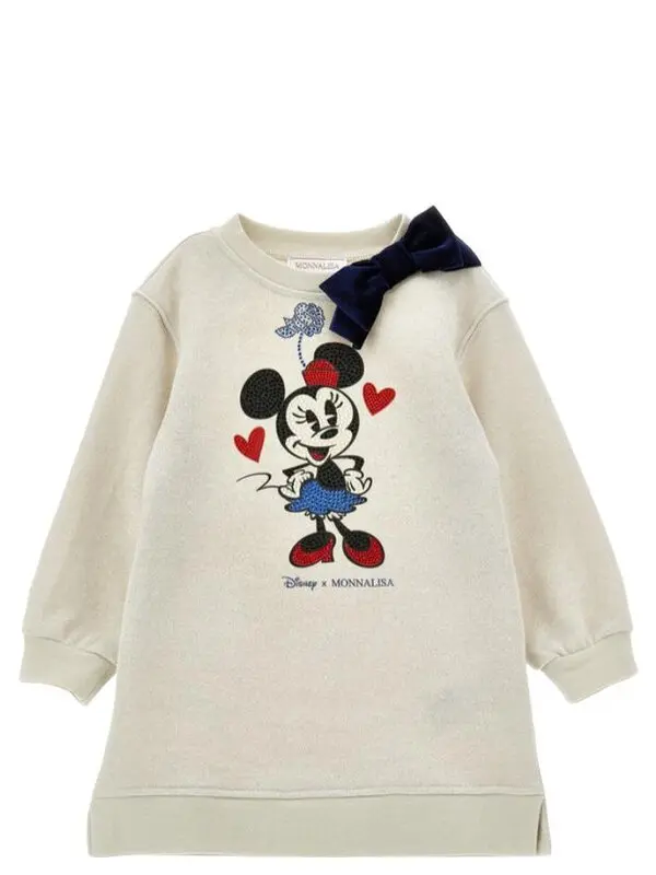 Monnalisa Crewneck Long Sleeve Minnie Mouse Dress - Nude