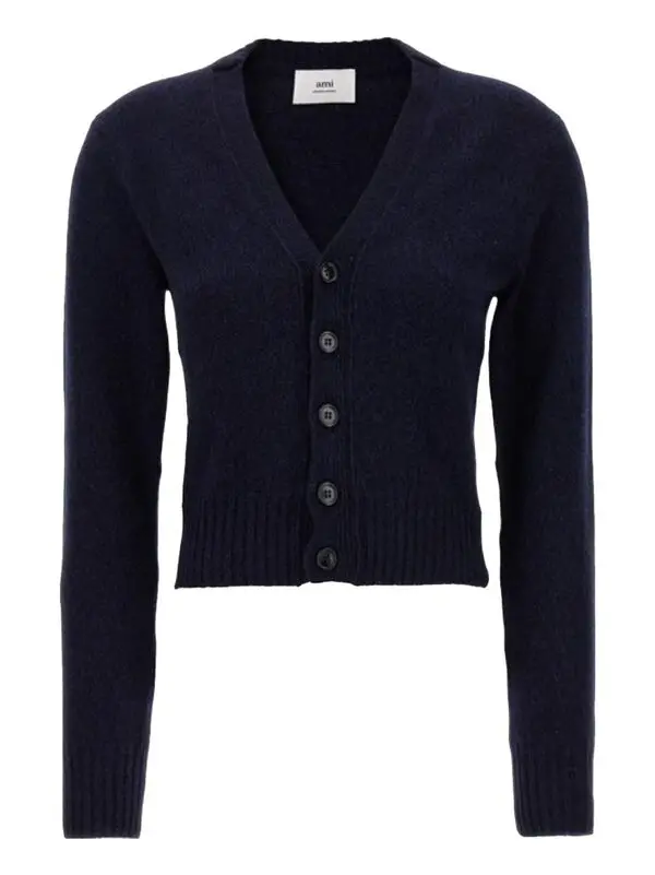 Ami V-neck Knitted Cardigan With De Coeur Pattern - Black