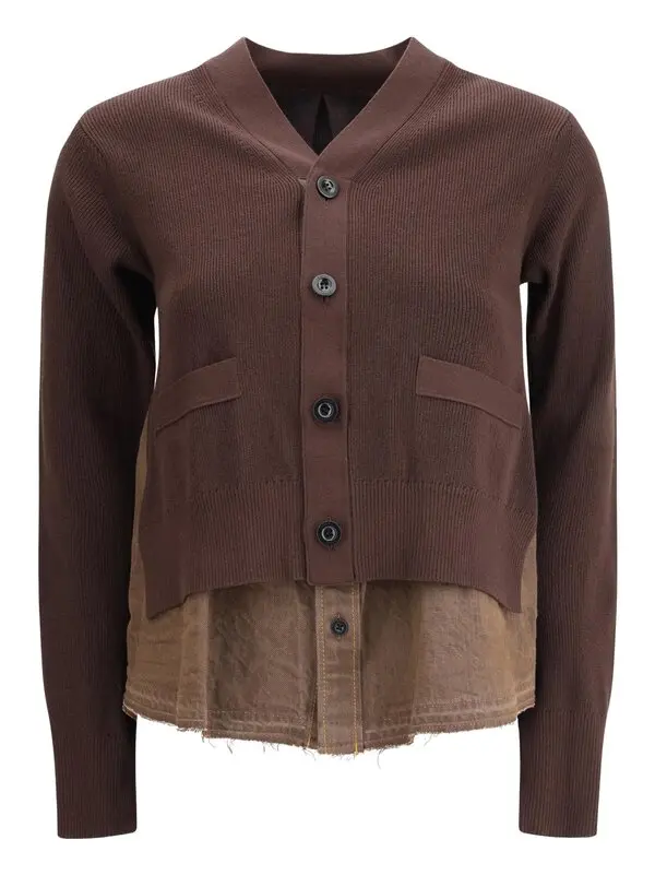 Sacai Layered Cardigan With Denim Panel - Brown