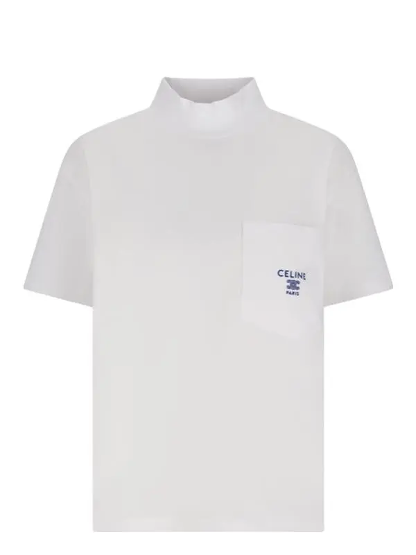 Celine Mock Neck T-shirt In Cotton Jersey With Patch Pocket - Off-white/denim Blue