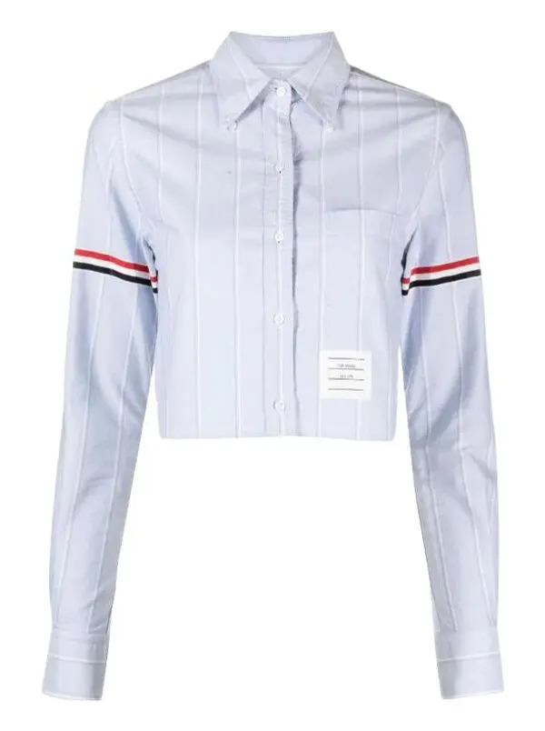 Thom Browne Cropped Striped Shirt With Signature Armband Detail - Navy Blue