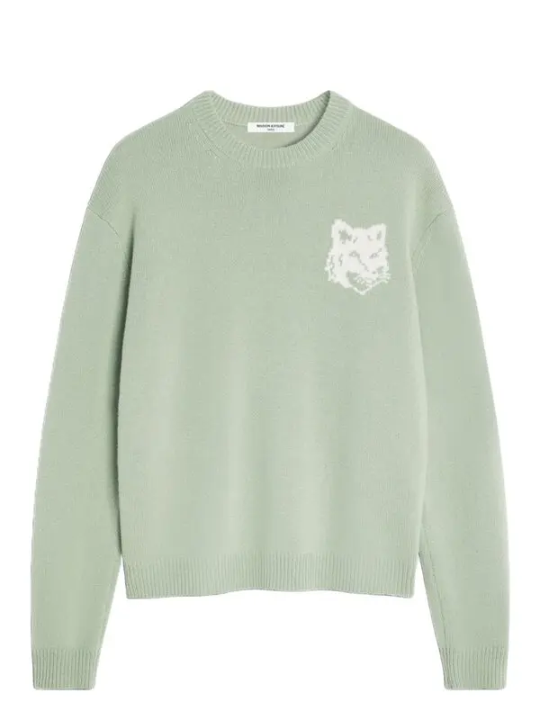 Maison Kitsuné Fox Head Crew Neck Merino Wool Sweater - Sage Green/light Brown