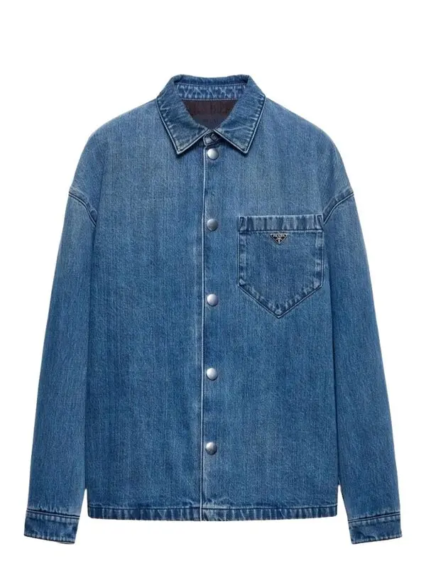 Prada Buttoned Logo Plaque Denim Shirt - Light Blue