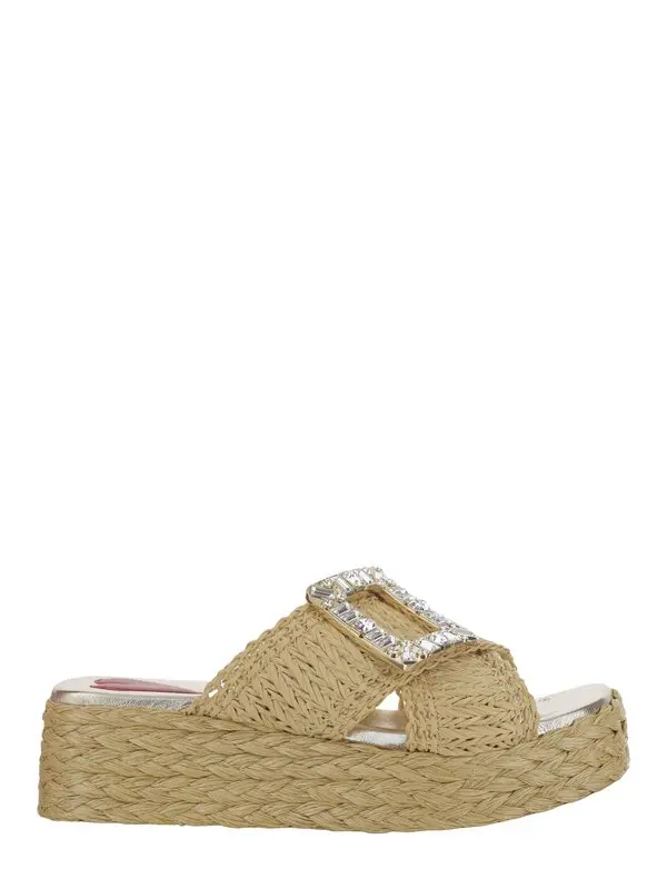 ROGER VIVIER Raffia Wedge Mules With Crystal Buckle - Light Cream