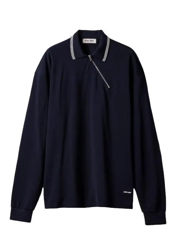 Miu Miu Zip-detailed Long-sleeved Polo Shirt - Navy Blue