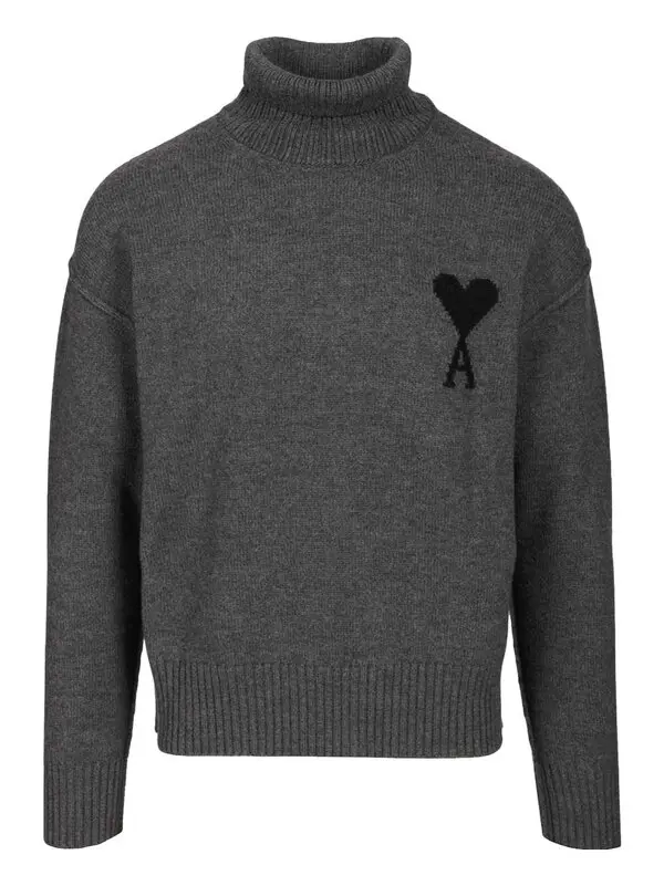 Ami Heart Logo Turtleneck Sweater - Grey