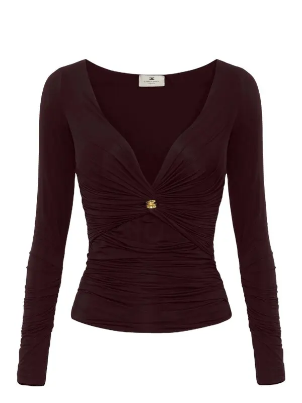 Elisabetta Franchi Long-sleeved Jersey Top With Jewelled Clasp - Cocoa