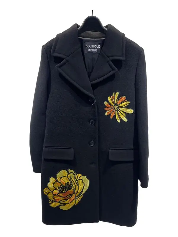 Moschino Long-sleeved Single-breasted Coat With Floral Embellishments - Black