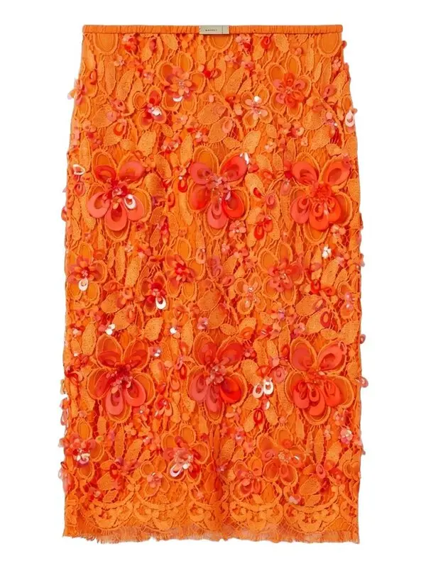 Gucci Embroidered Lace Skirt With Floral Appliqués - Orange