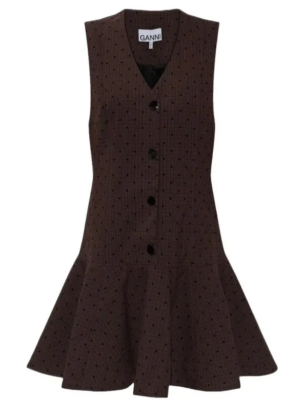 GANNI Sleeveless V-neck Flocked Check Suiting Dress With Flared Hem - Black