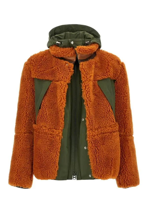 Sacai Long-sleeved Fleece Jacket With Zip-up High Collar And Drawstring Waist - Brown