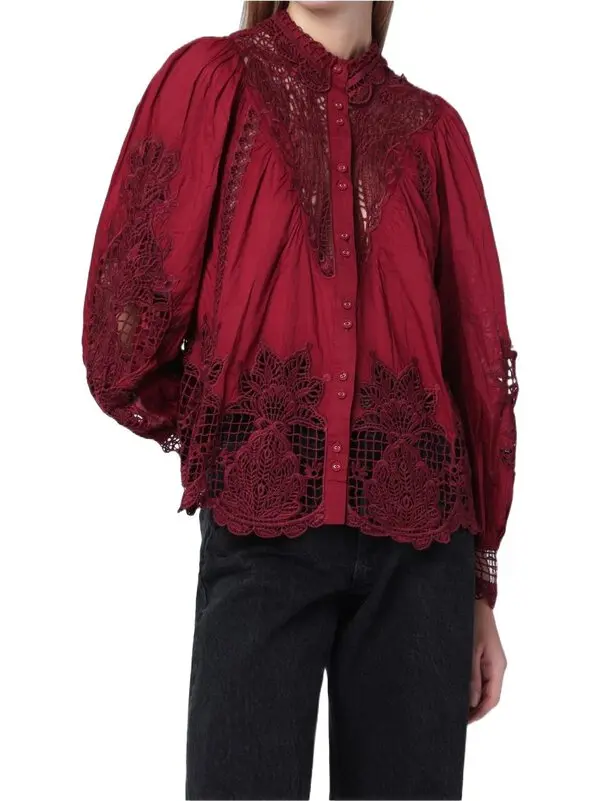 Farm Rio Lace-trimmed High Neck Blouse - Burgundy Red