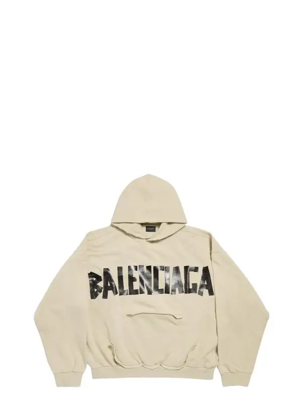 Balenciaga Logo Printed Distressed Hoodie - Beige