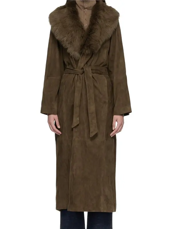 Nour Hammour Luxurious Suede Coat With Shawl Collar - Green