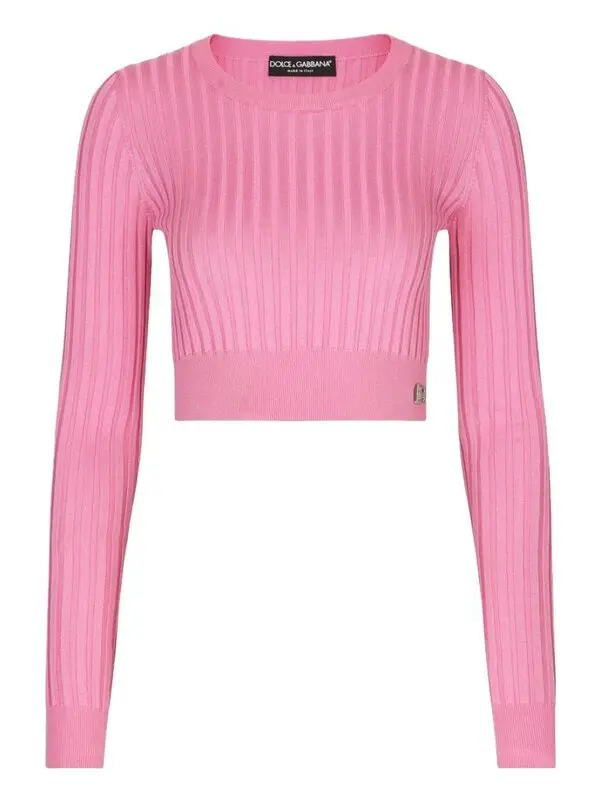Dolce & Gabbana Cropped Ribbed Sweater With Logo Plaque - Pink