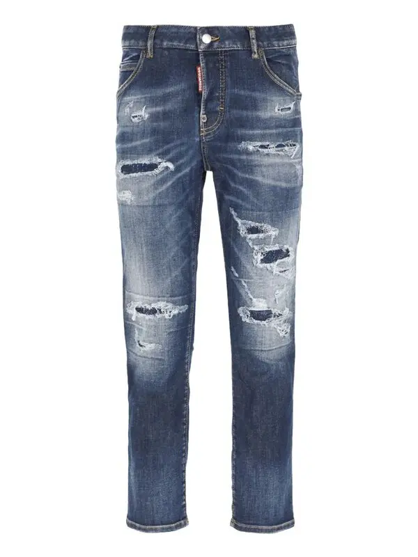 Dsquared2 Logo Patch Distressed Cropped Jeans - Blue