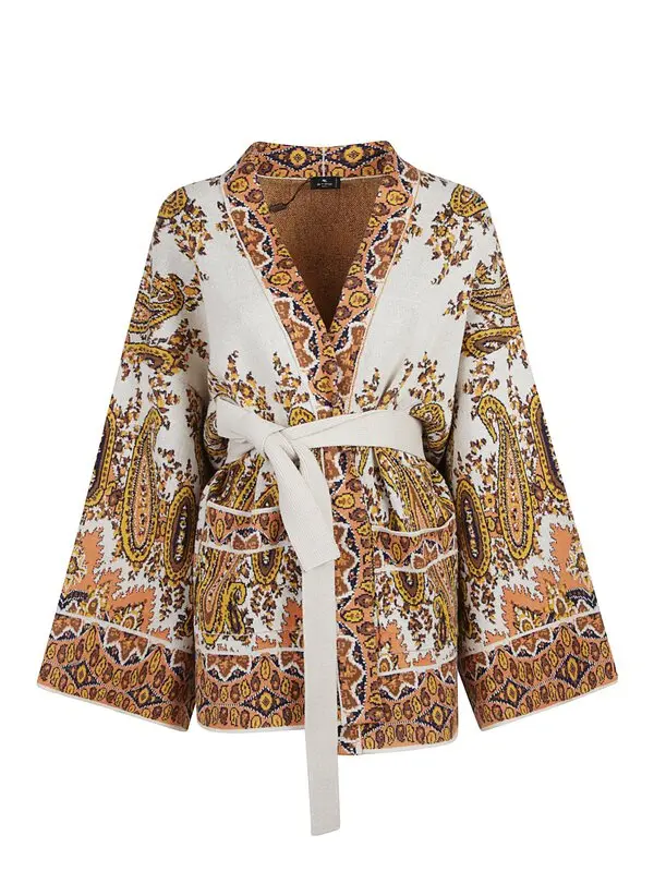Etro Long-sleeved Knitted Cardigan With Belt - Beige Fantasia