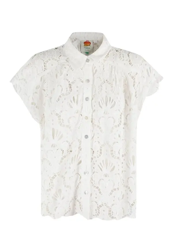 Farm Rio Seashell Eyelet Lace Top With Button Closure - White
