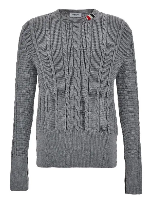 Thom Browne Rwb-striped Cable-knitted Crewneck Jumper - Light Gray