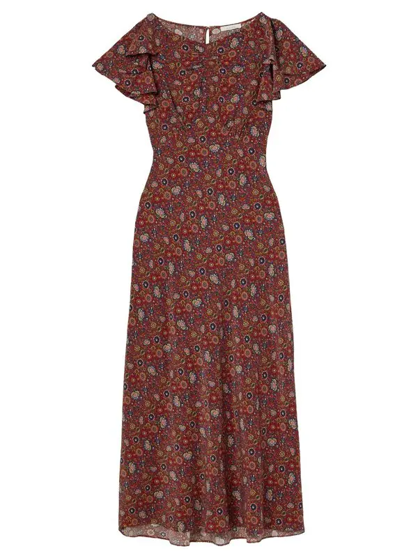 DÔEN Ruffled Floral Print Midi Dress - Red