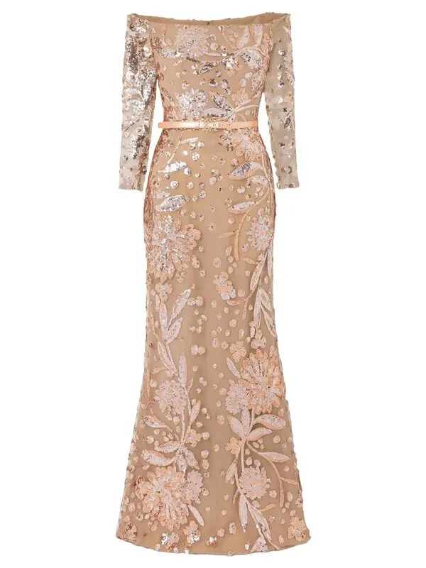 Elie Saab Off-the-shoulder Sequin-embellished Silk-blend Tulle Gown - Nude