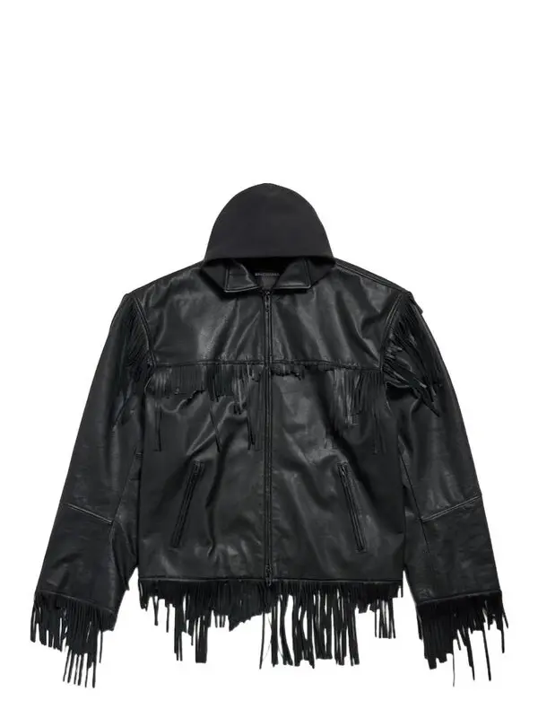 Balenciaga Fringed Leather Hooded Jacket - Black