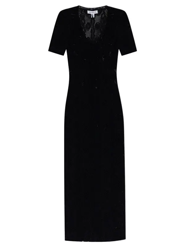 Alaïa Short Sleeve Cutout Pattern Midi Dress - Black