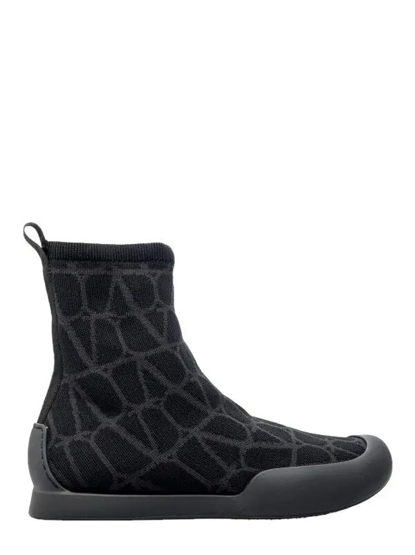 Valentino Garavani Toile Iconographe Round Toe Sock Boots - Black