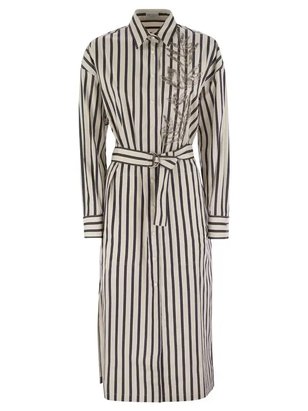 Brunello Cucinelli Striped Embroidered Belted Shirt Dress - Nude