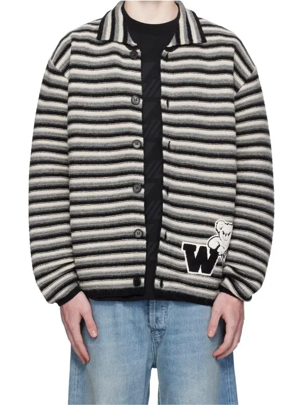 We11Done Striped Teddy Appliqué Cardigan - Multicolored Black