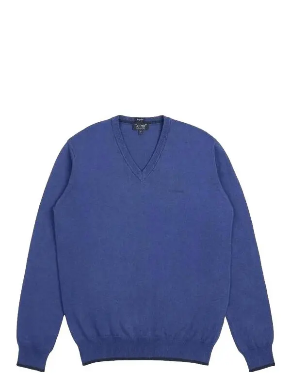 Emporio Armani V-neck Pullover With Logo And Ribbed Hem - Blue