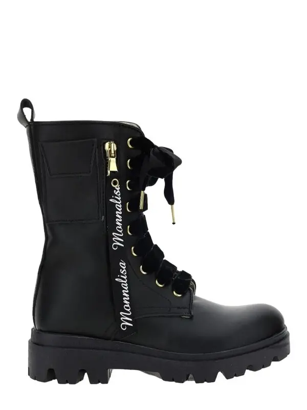 Monnalisa Logo-trim Lace-up Combat Boots - Black