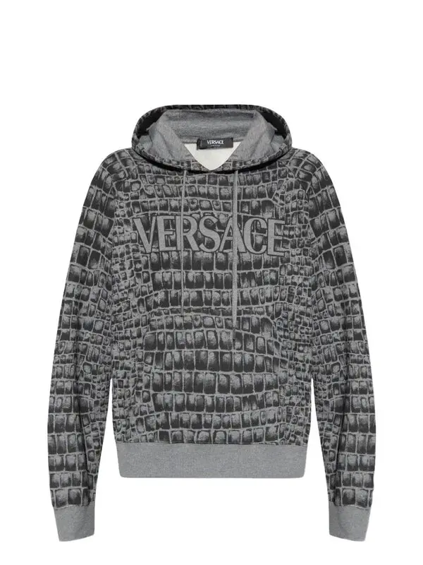 Versace Printed Drawstring Hoodie - Gray