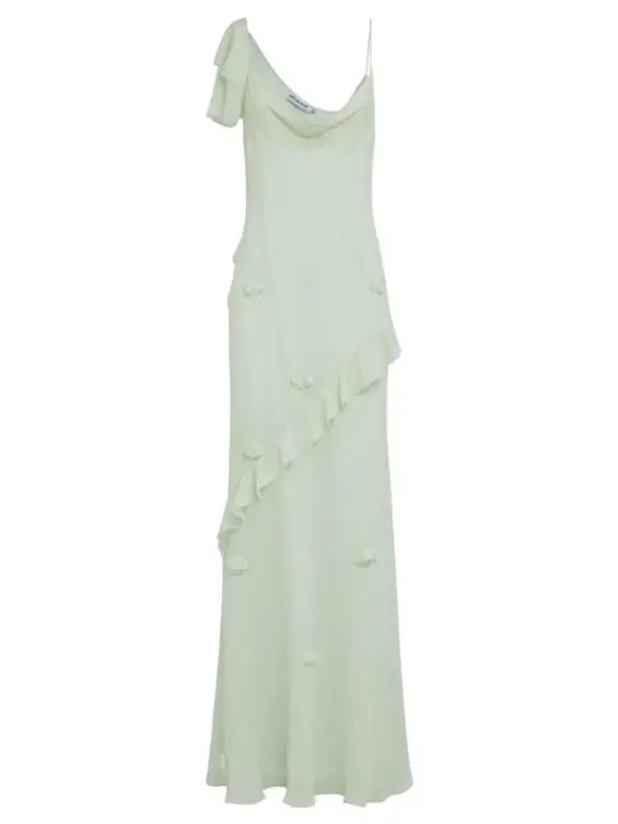 SELF-PORTRAIT Georgette Flower Maxi Dress With Ruffles And Asymmetrical Shoulders - Green