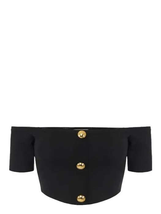 Elisabetta Franchi Off-the-shoulder Cropped Knit Top With Gold Buttons - Black