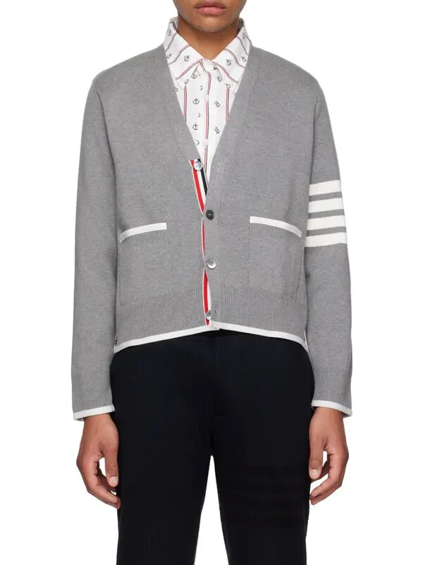 Thom Browne 4-bar Striped Buttoned Cardigan - Light Gray