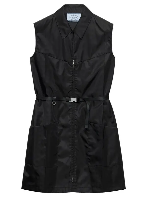Prada Sleeveless Belted Dress With Front Zipper And Patch Pockets - Black