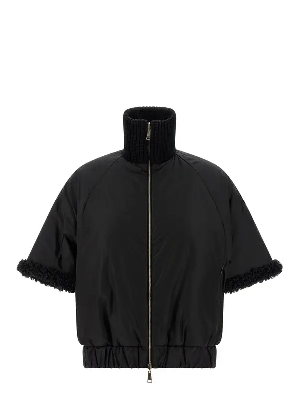 Moncler Logo Patch High Neck Zip-up Short Sleeved Jacket - Black