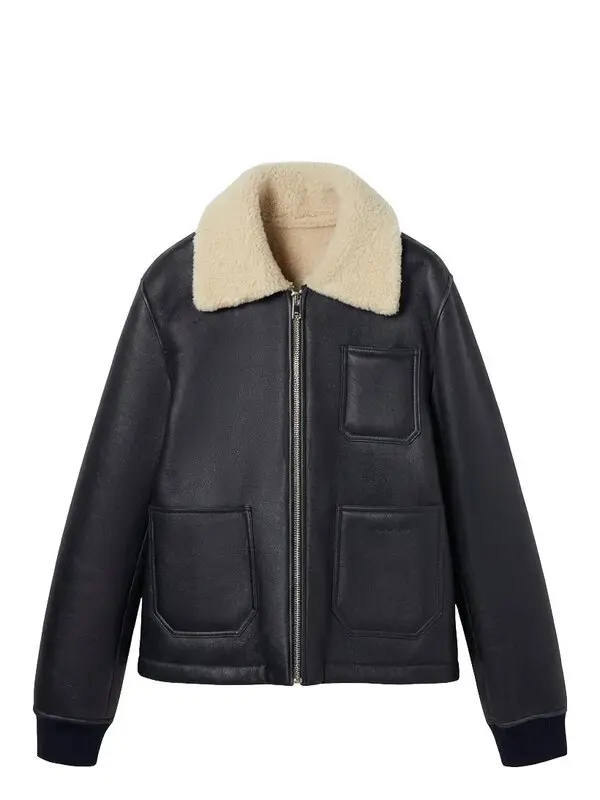 Gucci Shearling Lined Leather Jacket - Dark Blue And Light Beige