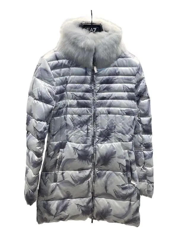 EA7 Feather Print Puffer Jacket With Fur Collar - Gray