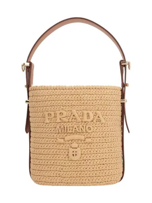 Prada Logo Embroidered Raffia Bucket Bag - Neutral Color