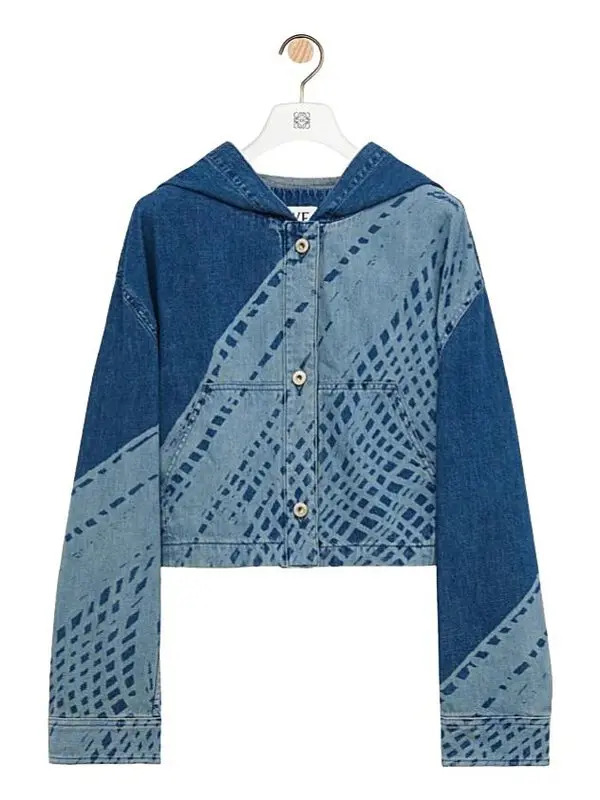 Loewe Cropped Hooded Denim Jacket With Laser-printed Pattern - Blue