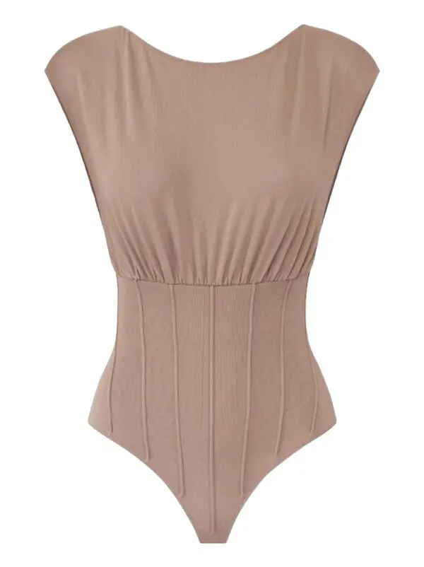 Elisabetta Franchi Knit Bodysuit With Removable Logo Necklace - Clay