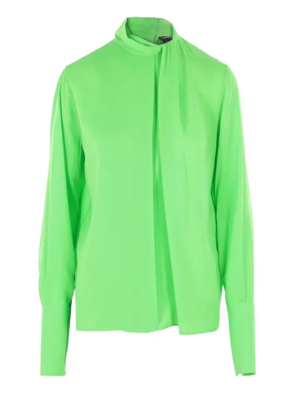 TOM FORD Long Sleeve Satin Blouse With Stand-up Collar And Ruched Details - Fluorescent Green