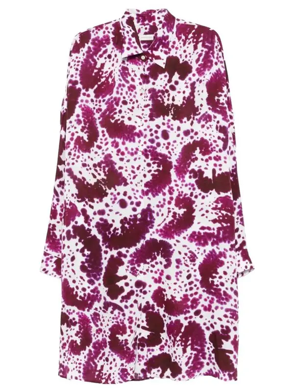Dries Van Noten Printed Long Sleeve Shirt Dress - Red