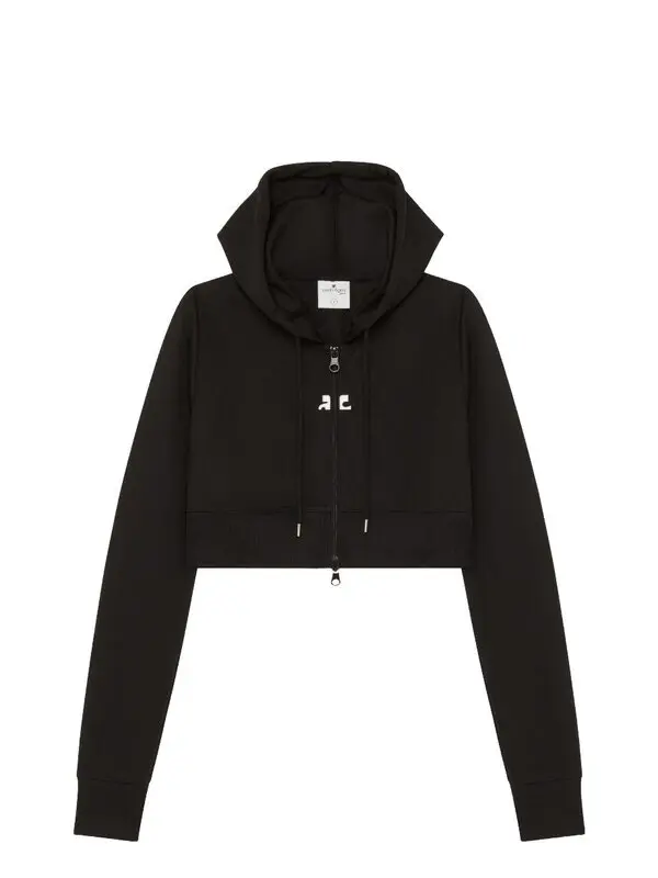 COURREGES Cropped Zipped Hoodie With Embroidered Logo - Black