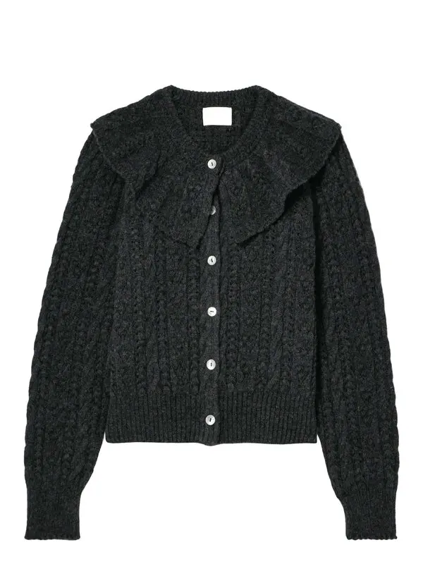 DÔEN Long-sleeved Cardigan With Ruffled Collar - Black