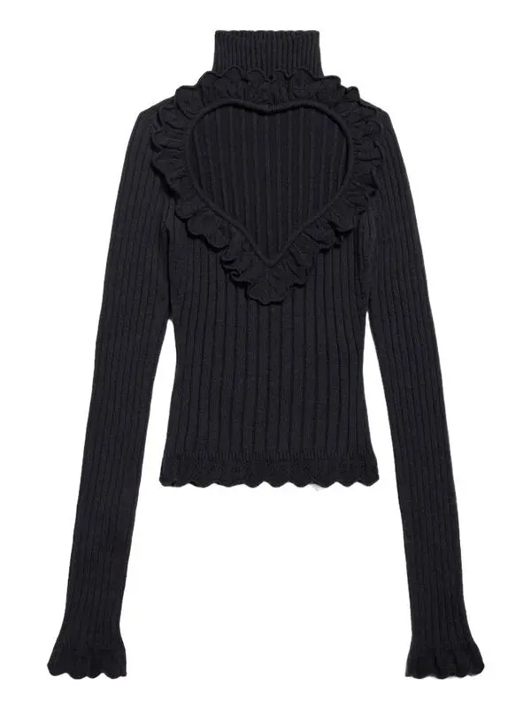 Balenciaga Heart Cut-out Ruffled Turtleneck Fine Knit Top - Black