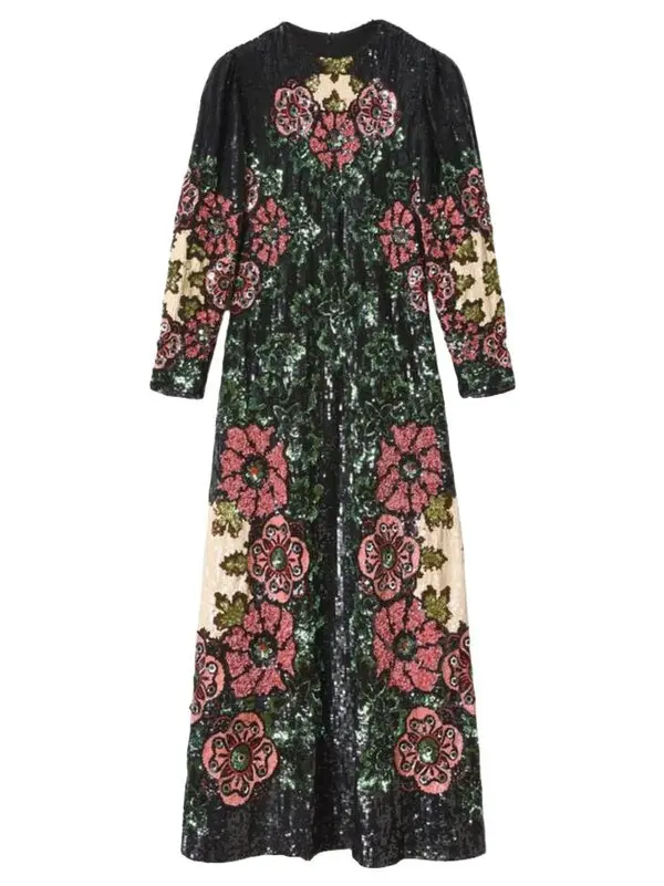 La DoubleJ Sequined Floral Maxi Dress - Black