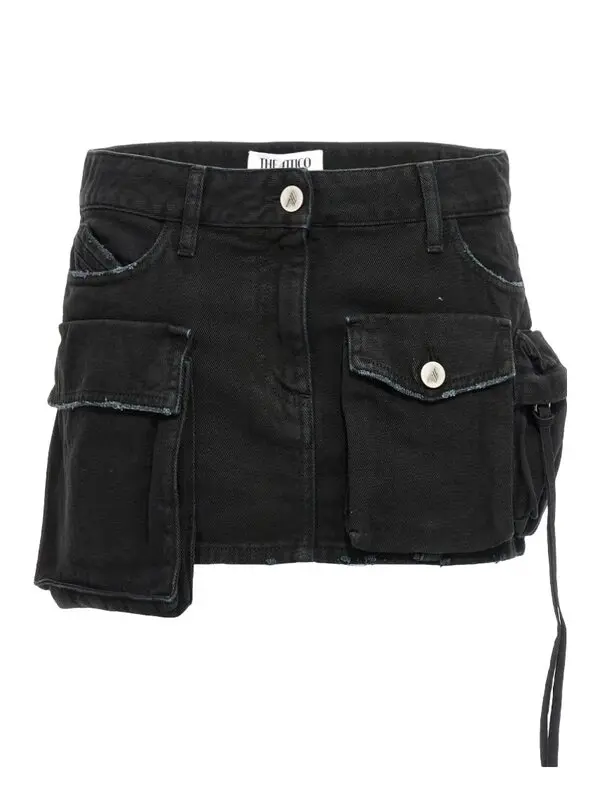 Attico Low-rise Denim Mini Skirt With Utility Pockets - Black
